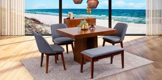 Comedor Odette CD Con Sillas Y Banca Olaf Gris 5 Pzs